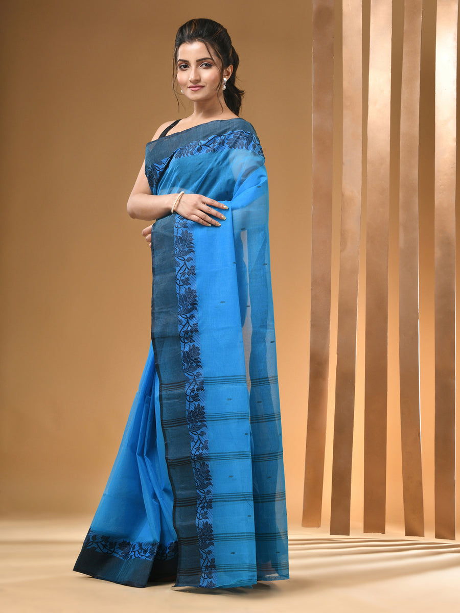 Sky Blue Pure Cotton Tant Saree With Woven Designs – arhi.in