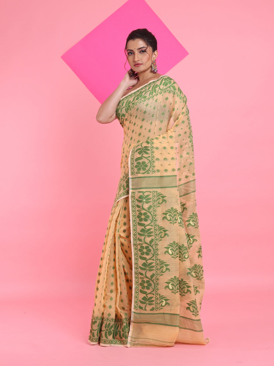 Cream Jamdani Saree With All Over Thread Weaving – arhi.in
