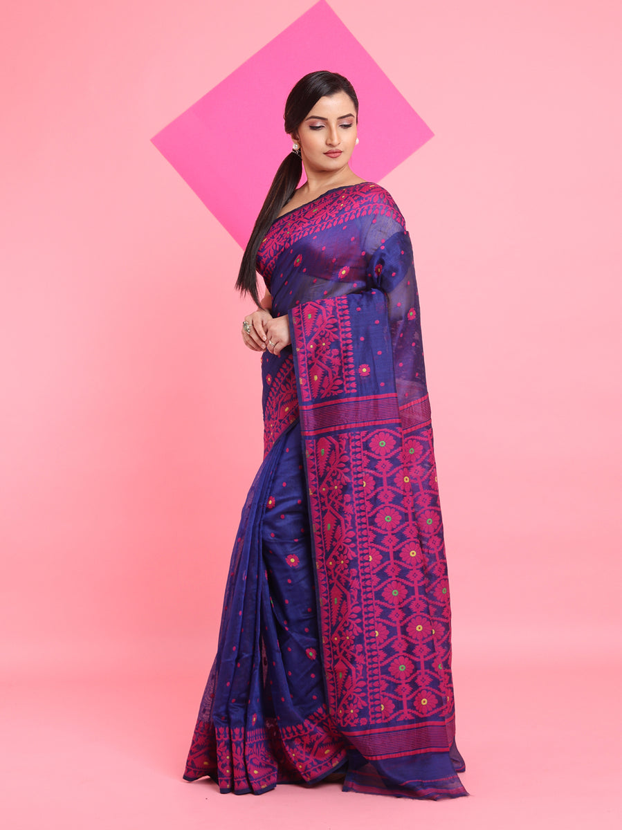 Blue Jamdani Saree With All Over Thread Weaving – arhi.in