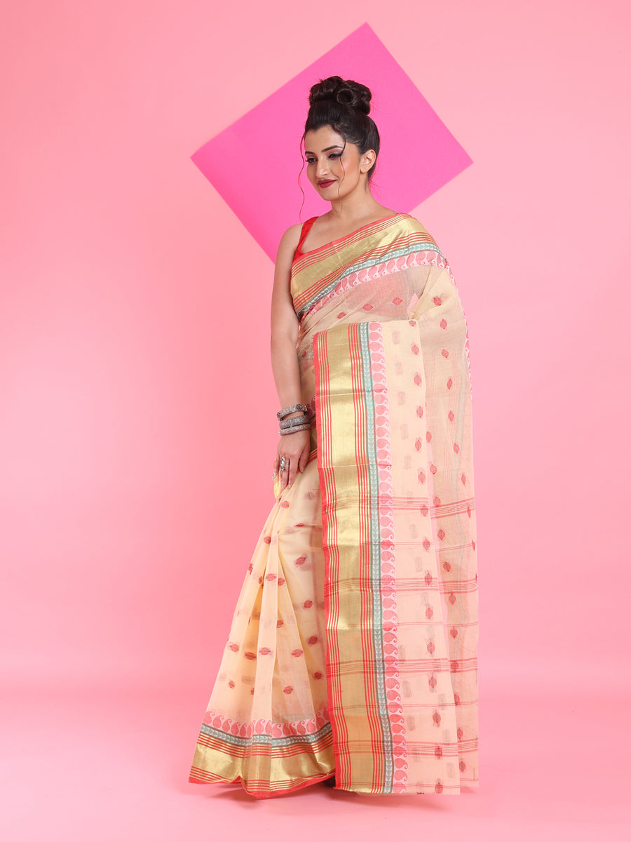 Cream Pure Cotton Tant Saree With Woven Designs – arhi.in