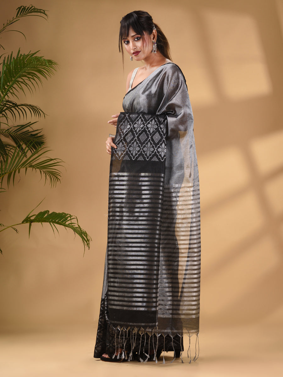 Black Tissue Handwoven Saree With Texture Border – arhi.in