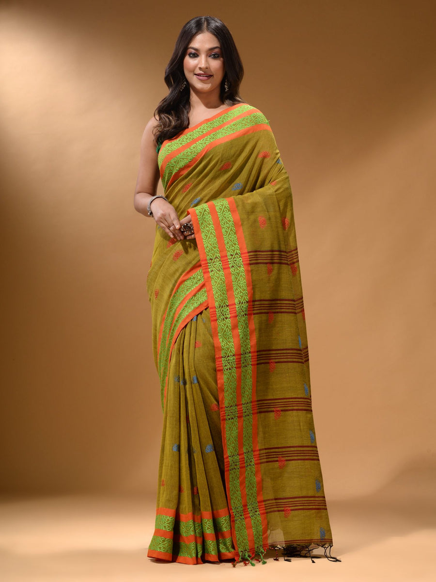 Mustard Cotton Handspun Soft Saree With Nakshi Border – arhi.in